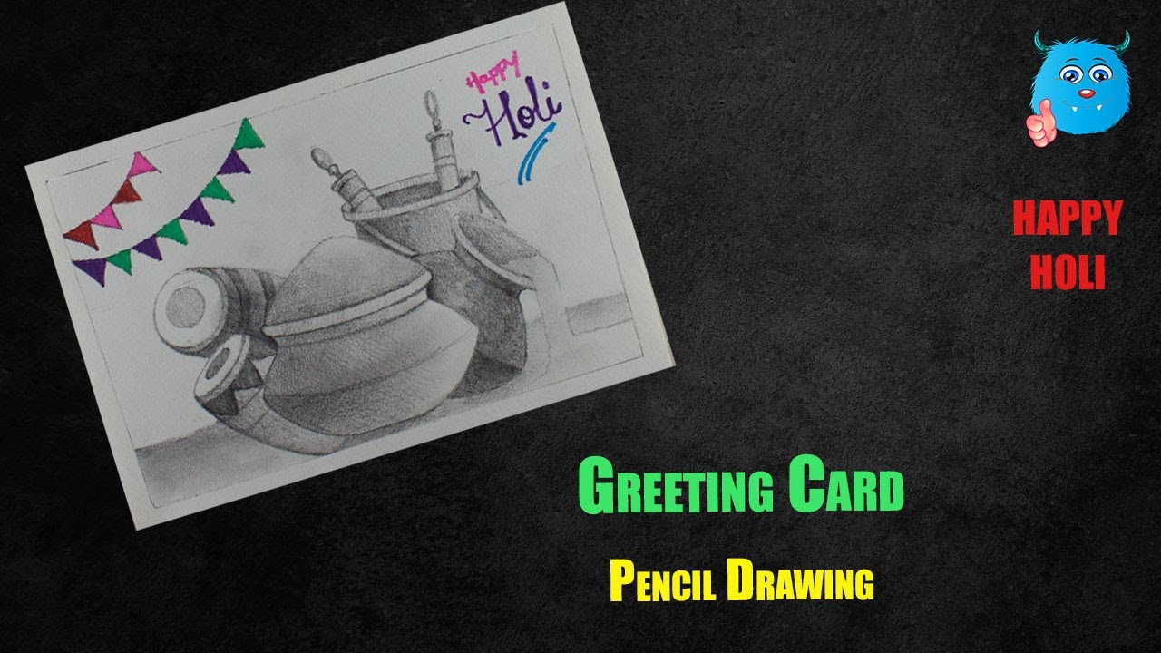 How to make happy Holi greeting card in pencil shading || Holi festival ...