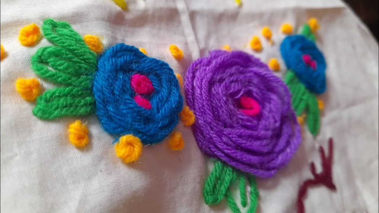 Embroidery design #leaves#bullion rose#french knot# woollen thread work ...