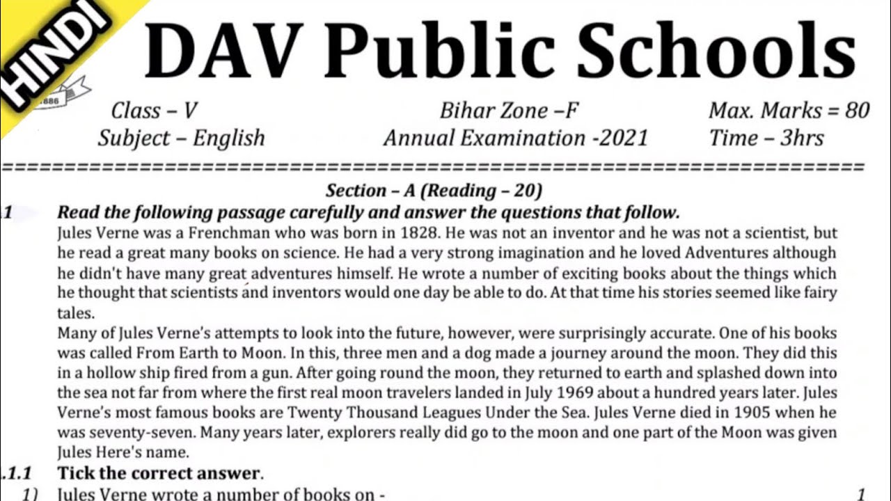 Dav class 5 english annual exam question paper | Dav public school ...