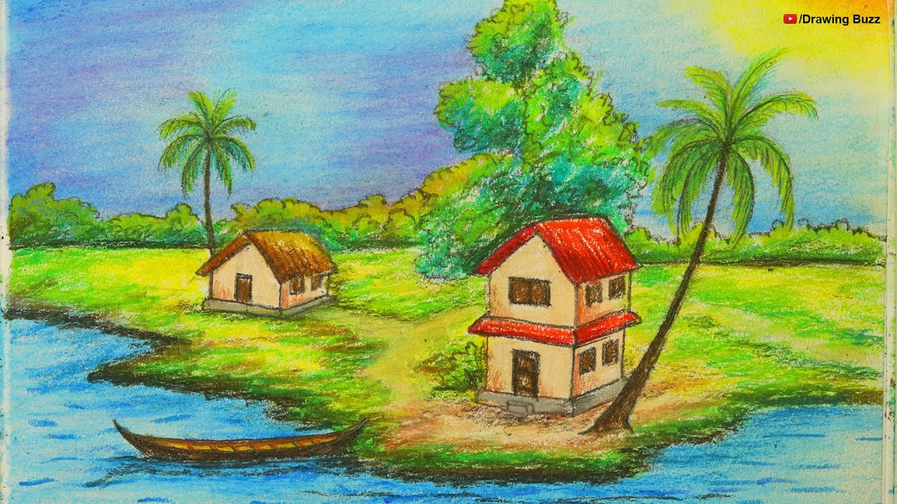 How to draw scenery of Riverside Village Step by step | Drawing Buzz ...