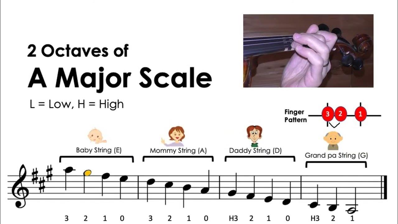 How to play "2 Octaves of A major scale" on the violin • notes & finger ...