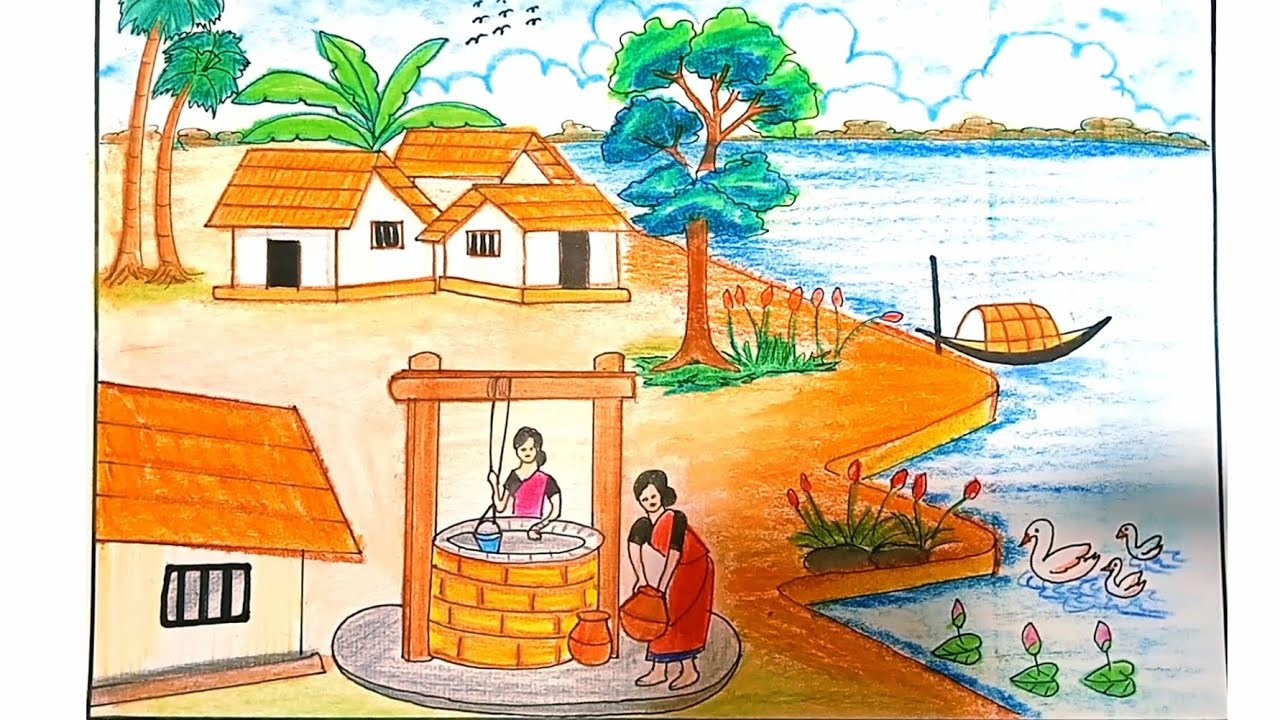 Drawing a beautiful village scenery step by step for beginners - YouTube