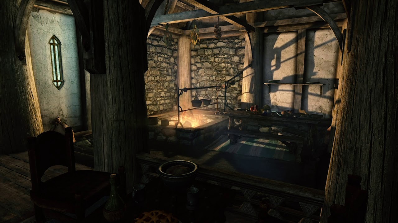 Skyrim - Drelas' Cottage Ambiance (rain on windows, fireplace, white ...