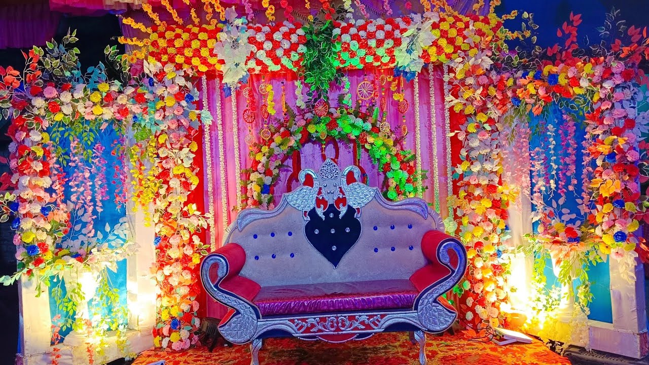 Traditional Stage Decoration || Low Budget Flower Decoration || Wedding ...