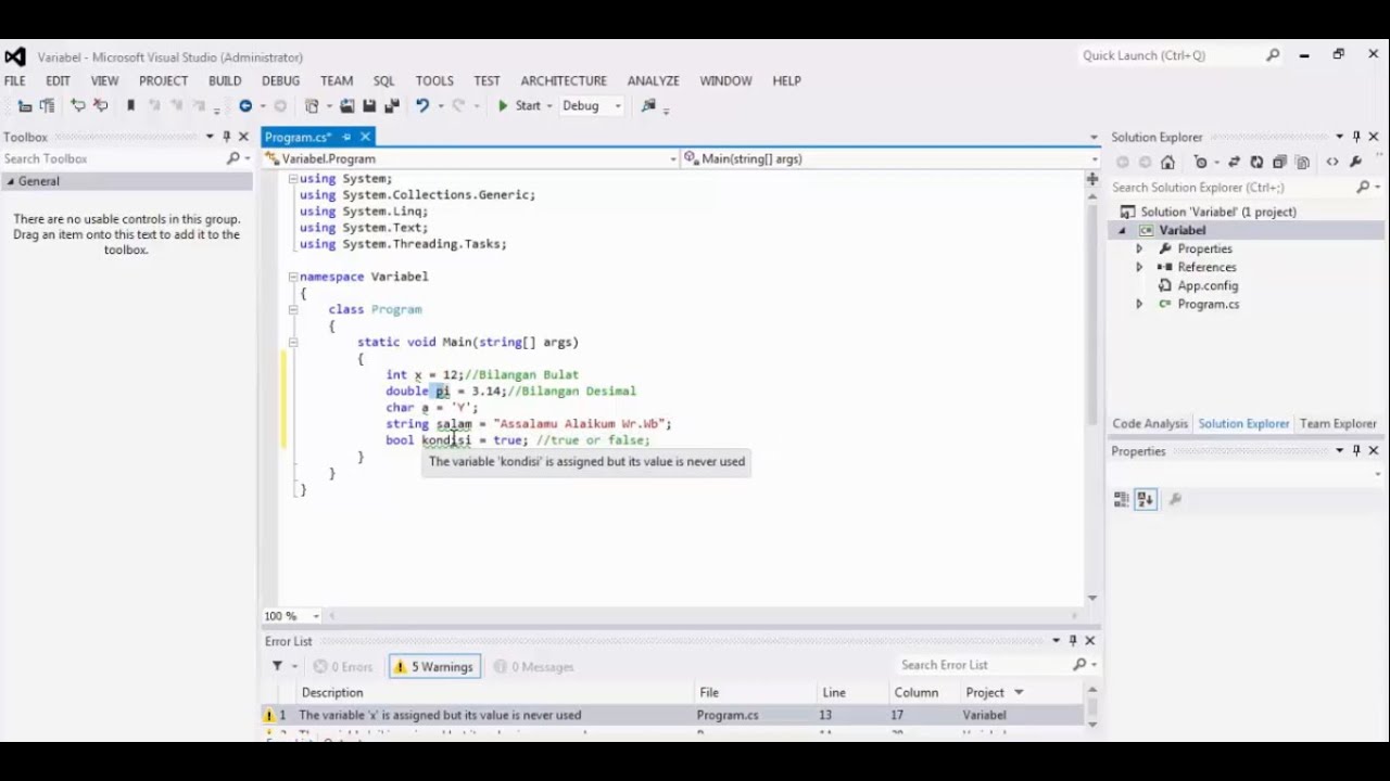 BELAJAR C# 01: Belajar VARIABEL pada Bahasa C# / Sharp dengan Contoh ...