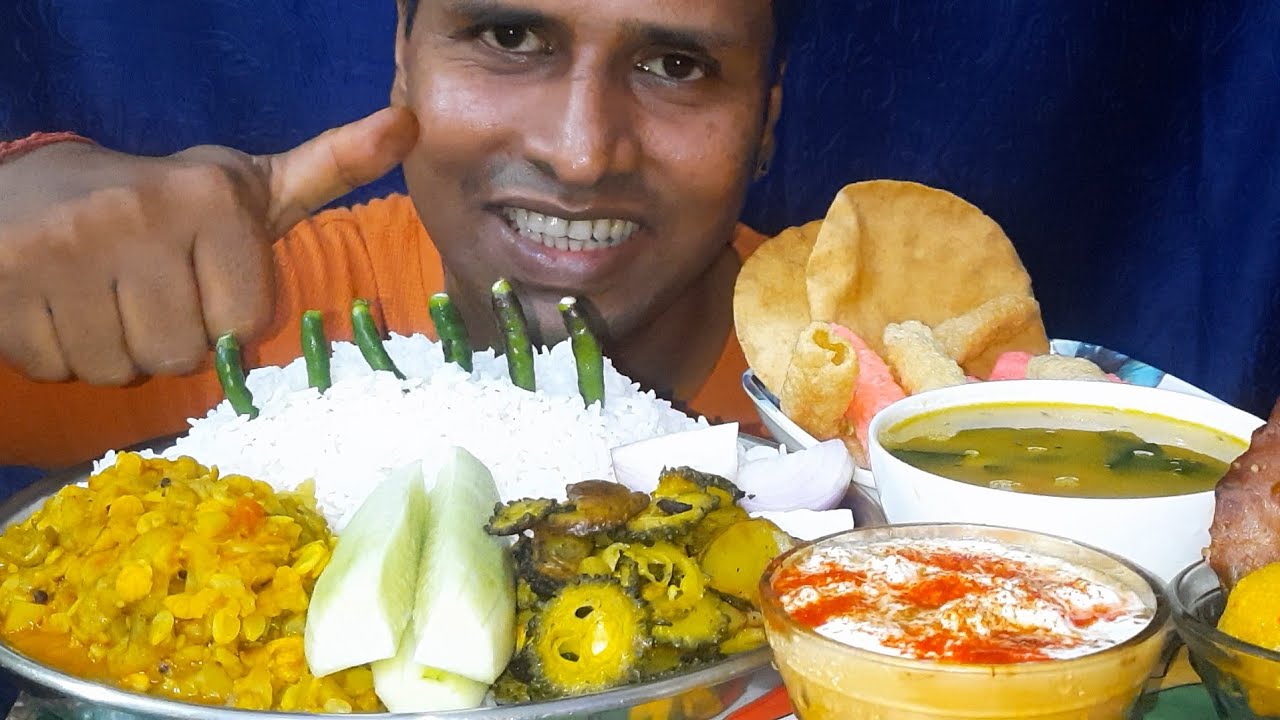 EATING SPICY TUREI MASALA, KARELA BHAJI, DAL, SPICY CURD, PAPAD, SWEETS ...