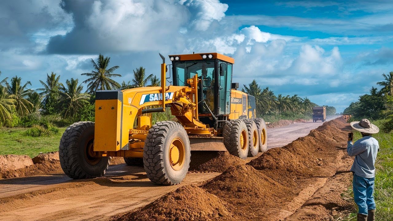 Rural road construction project. Large piles of land lined the streets ...
