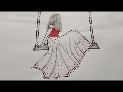 How to draw a girl swinging drawing ll Easy girl drawing step by step ...