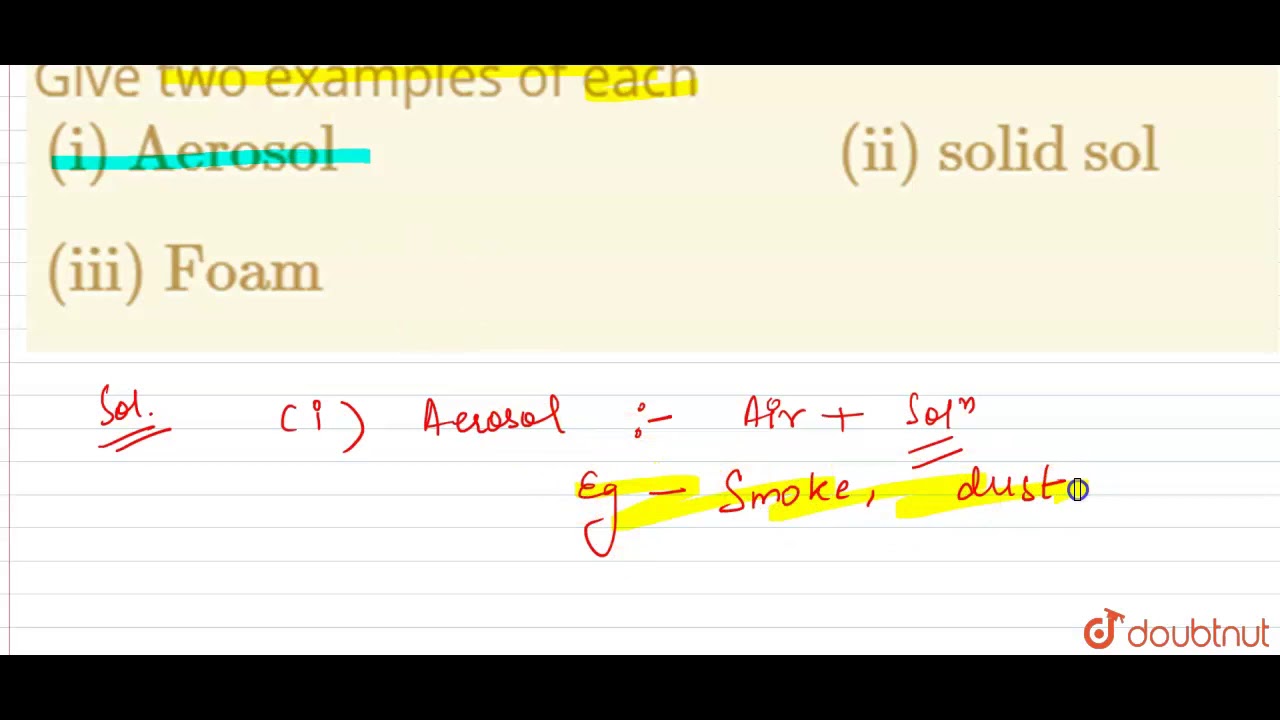 Give two examples of each `{:("(i) Aerosol" ," (ii) solid sol "),("(iii ...