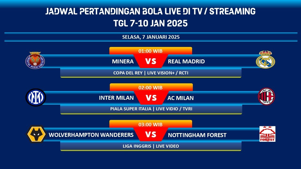 JADWAL PERTANDINGAN BOLA LIVE DI TV / STREAMING 7-10 JAN 2025 - YouTube