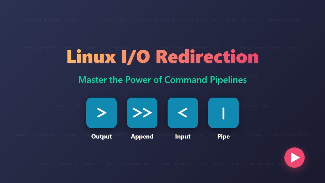 Linux Input/Output Redirection: Master Data Flow with ≻, ≻≻, ≺, and | Operators! - YouTube