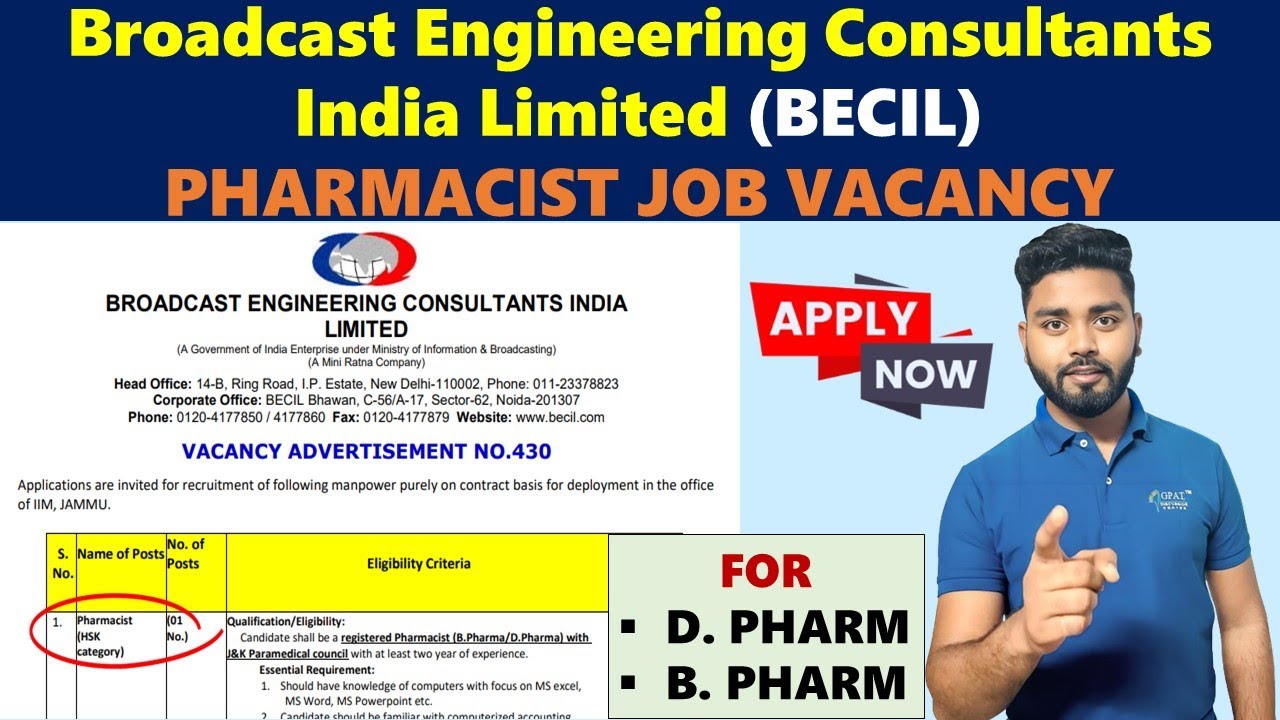 Pharmacist Job at BECIL || For B Pharm & D. Pharm Students || Apply Now ...