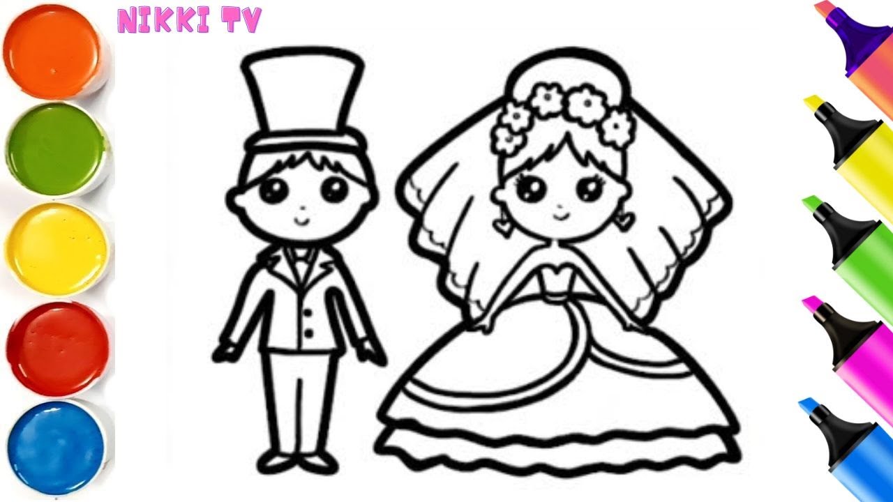 Cute Bride & Groom Drawing Painting Colouring for kids Toddlers | How ...