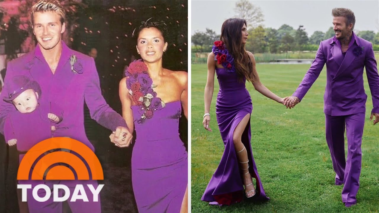David & Victoria Beckham don wedding outfits for 25th anniversary - YouTube