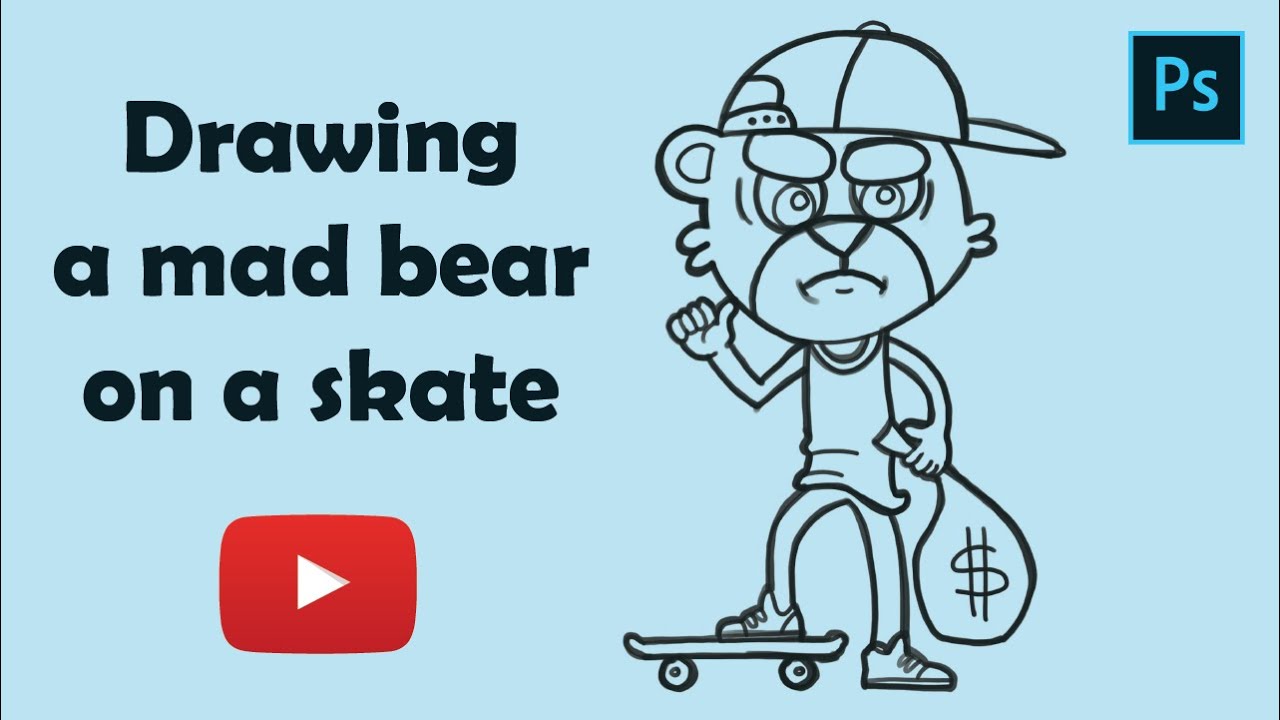 Drawing a Mad bear on a skateboard. How to draw in photoshop? - YouTube