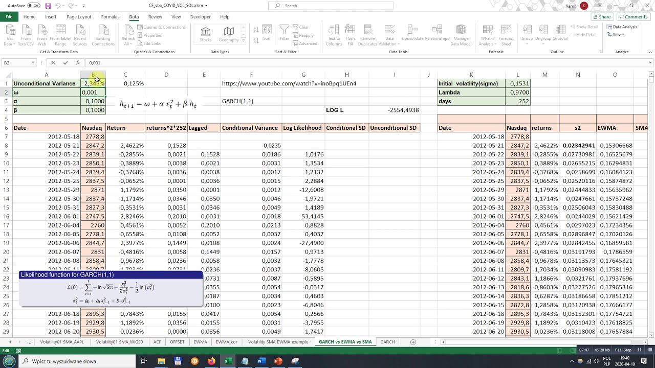 GARCH(1,1) in MS Excel - YouTube