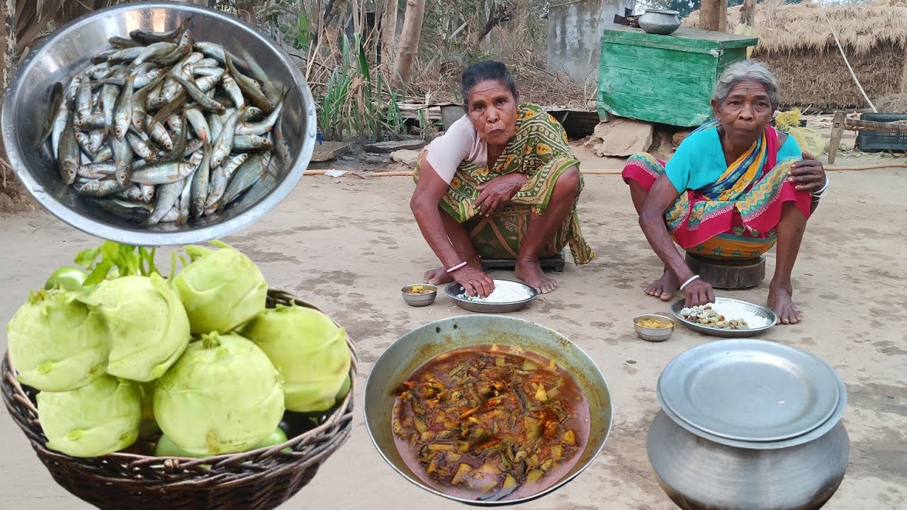 santali tribe traditional cooking SMALL FISH Curry with OL KOPI ...