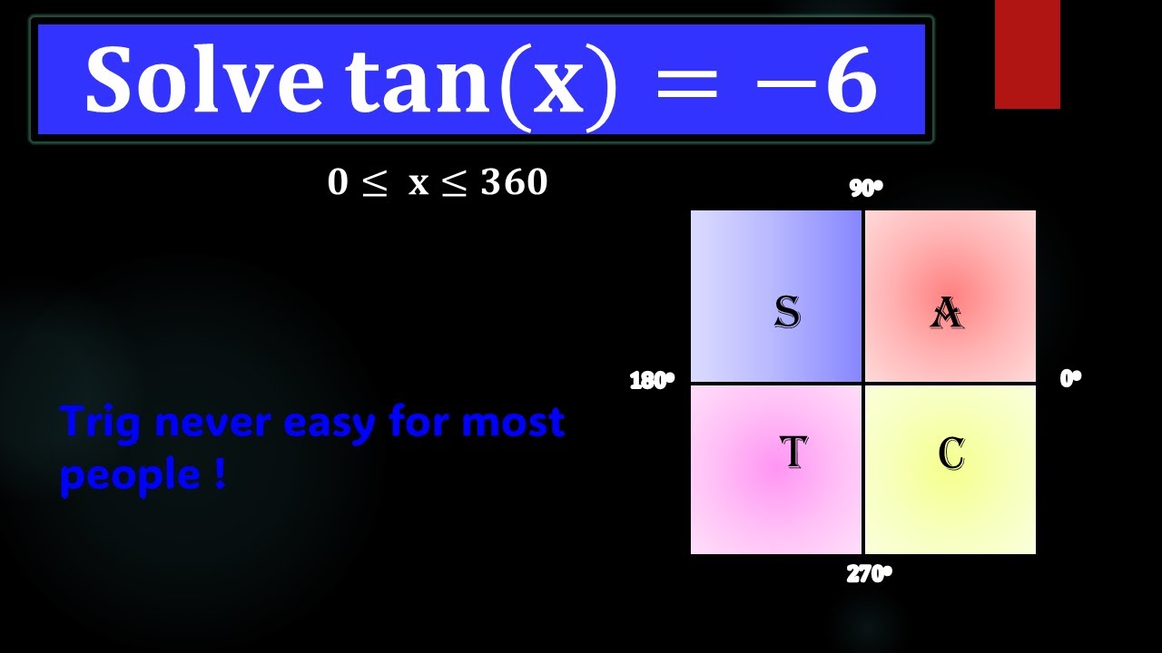 𝐒𝐨𝐥𝐯𝐞 𝐭𝐚𝐧⁡(𝐱)=−𝟔 where 𝟎≤ 𝐱≤𝟑𝟔𝟎. Not an easy topic for most people. #trigonometry #maths # ...