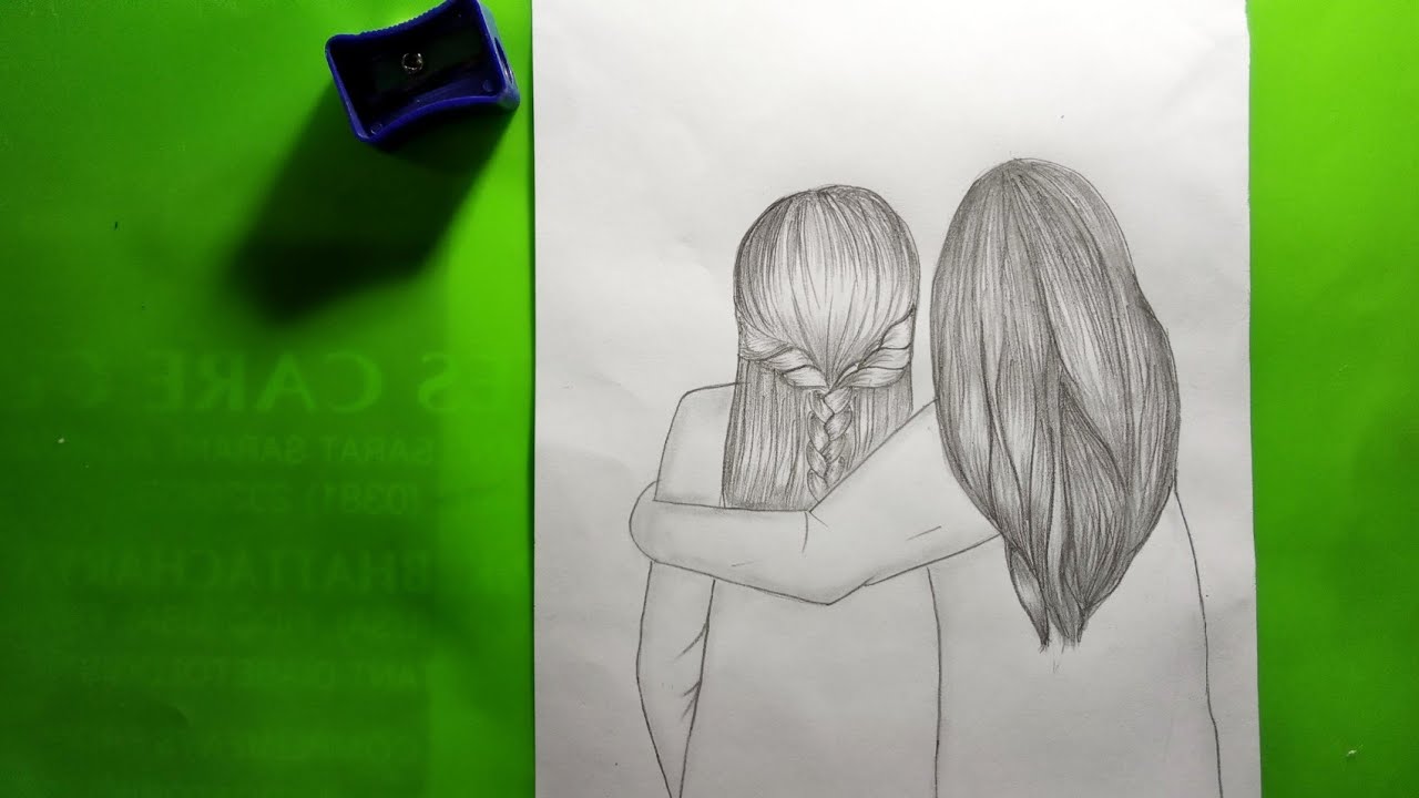 How to draw easily a picture of best friend// 🥰😘two bestie hugging ...