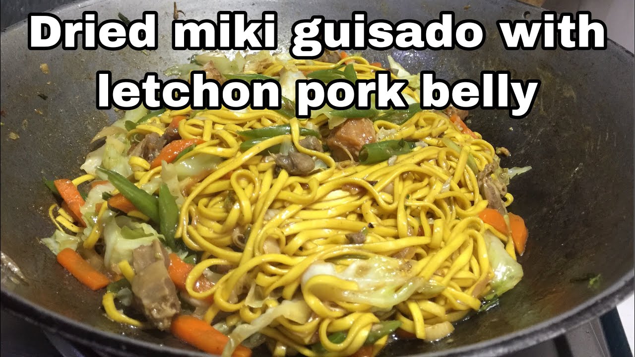 Dried miki guisado with letchon pork belly - YouTube