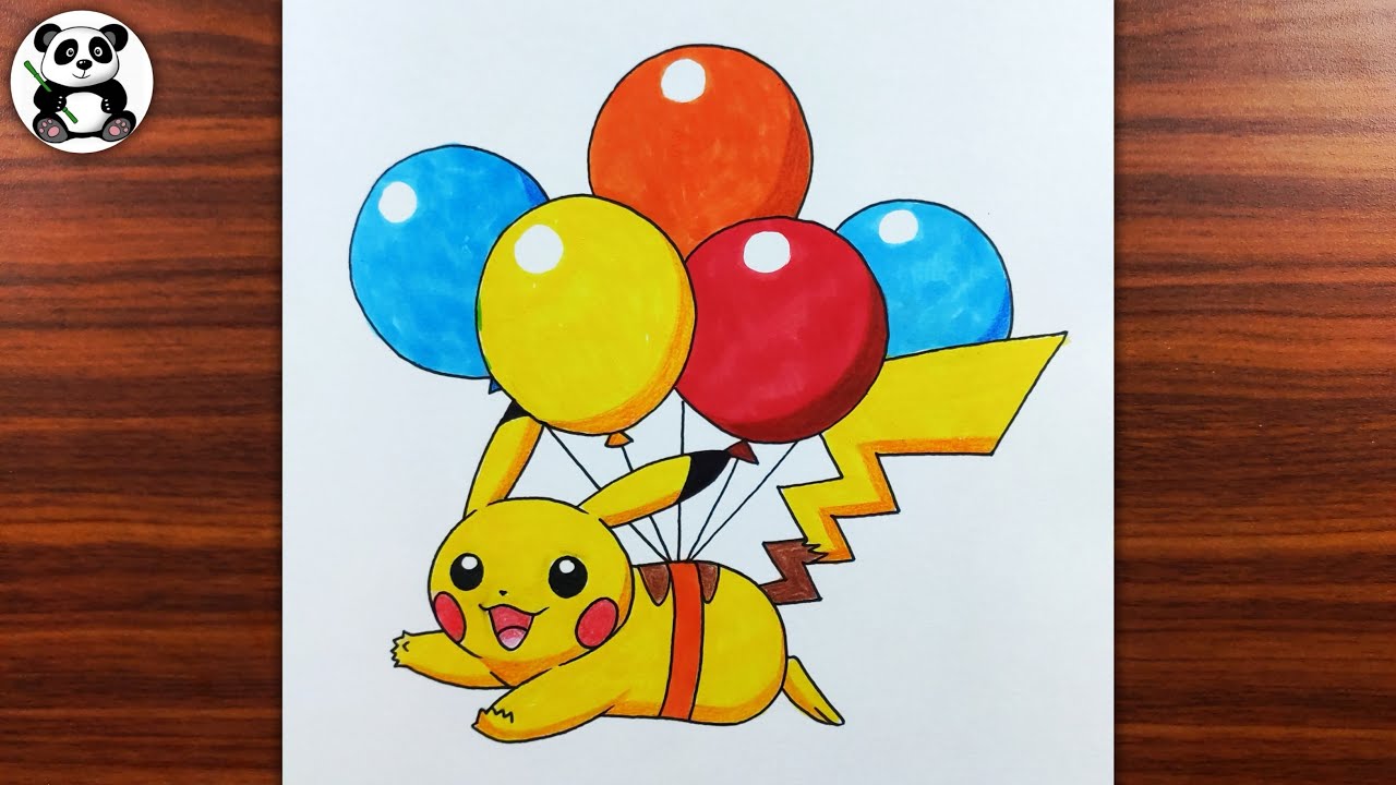 Flying pikachu with balloons drawing and colouring | Pokemon drawing ...