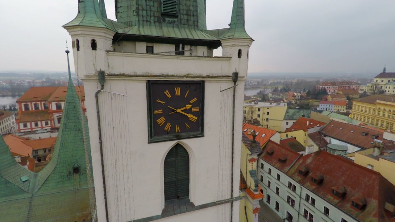 Aerial view of beautiful old clock on gothic city hall tower, historic ...