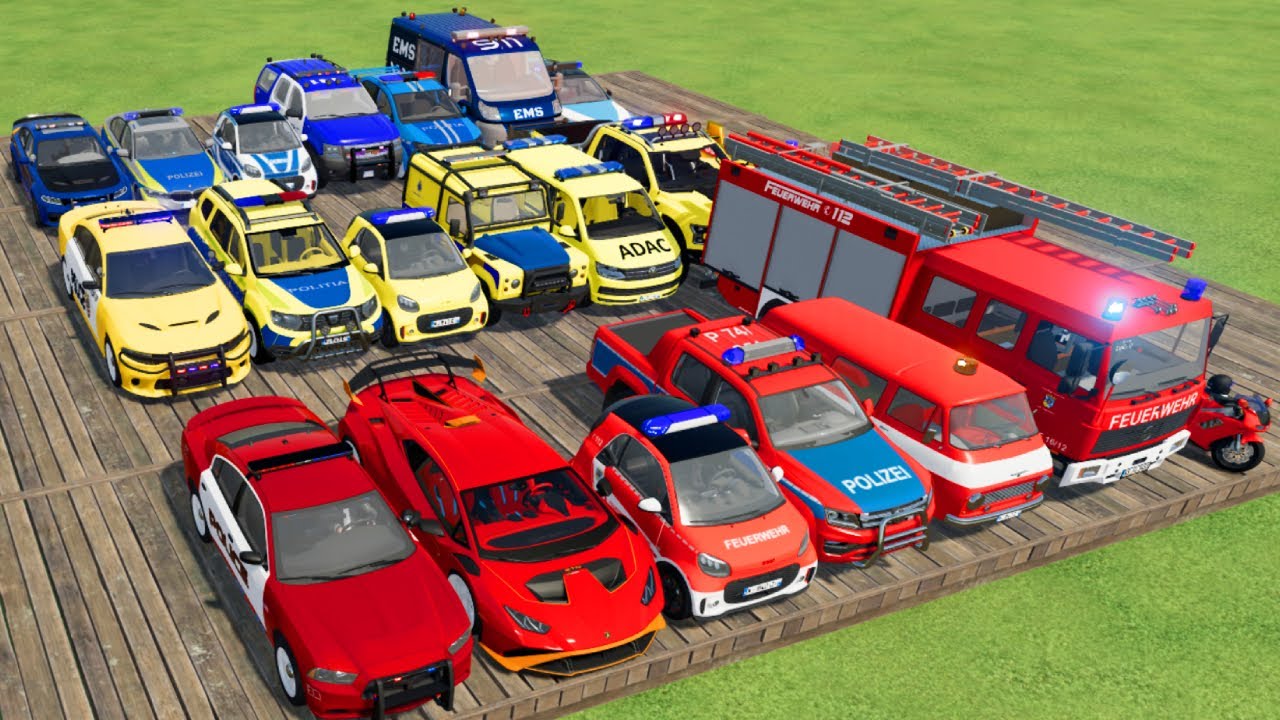 TRANSPORTING CARS, AMBULANCE, POLICE CARS, FIRE TRUCK OF COLORS! WITH ...
