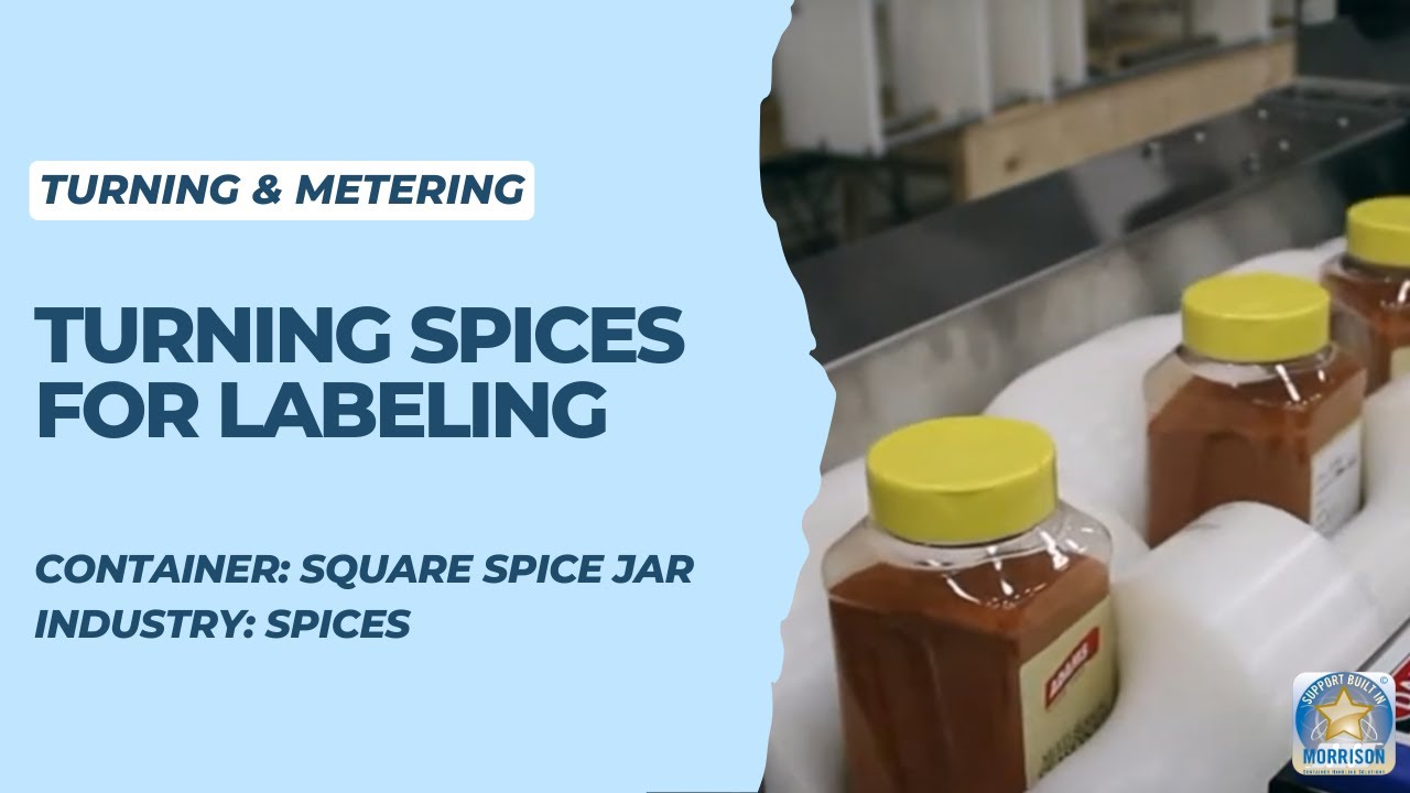 Turning and Metering Square Spice Containers for Labeling - YouTube