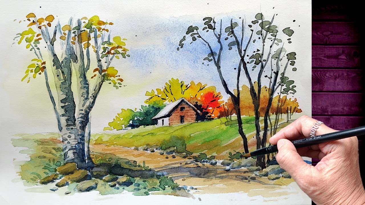 🎨 Landscape Painting Tutorial | Step By Step | Narration | Watercolor ...