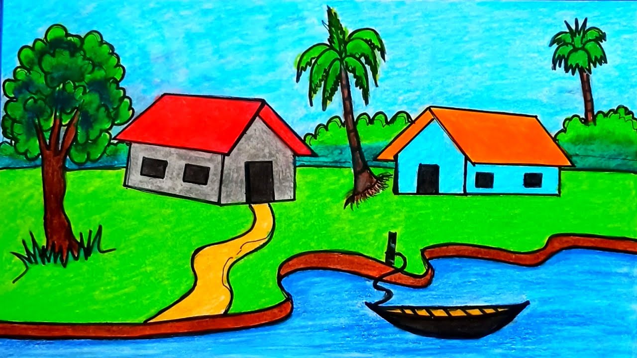 How to Draw Easy Village Scenery Drawing | Beautiful Landscape Scenery ...