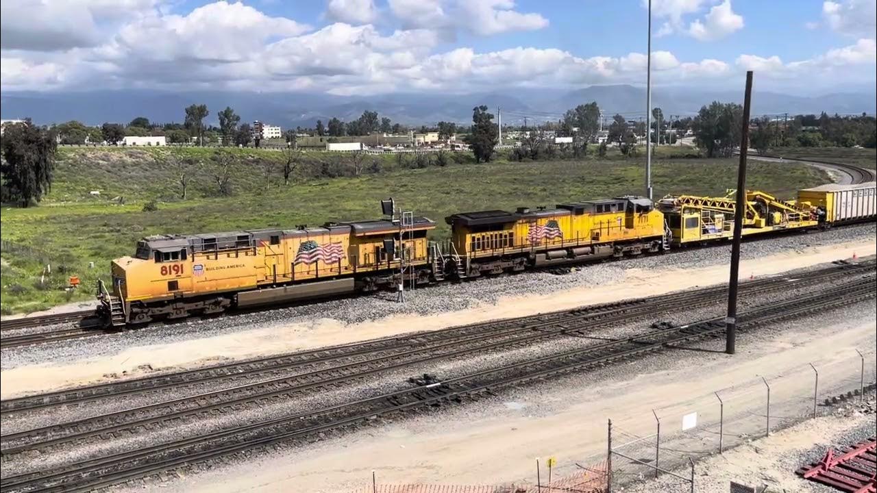 UP 8191 Arriving Westbound Herzog Maintenance Train at West Colton Yard - YouTube