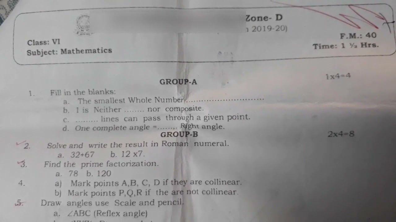 Dav class 6 math post mid term question paper | mathematics | Dav ...
