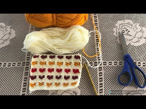 Tığ İşi Pratik Model - 3 Renkten Oluşan Kalp Motifli Kolay Örgü modeli