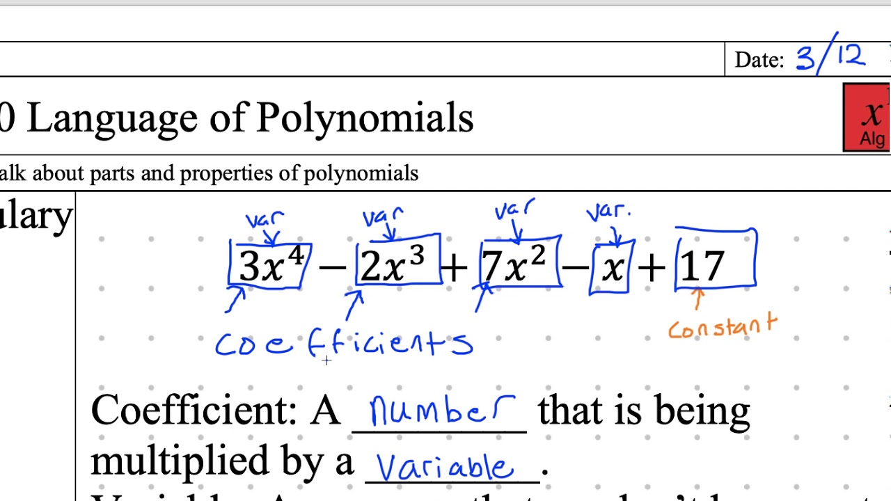 Algebra 1 notes 9-0 Language of Polynomials - YouTube