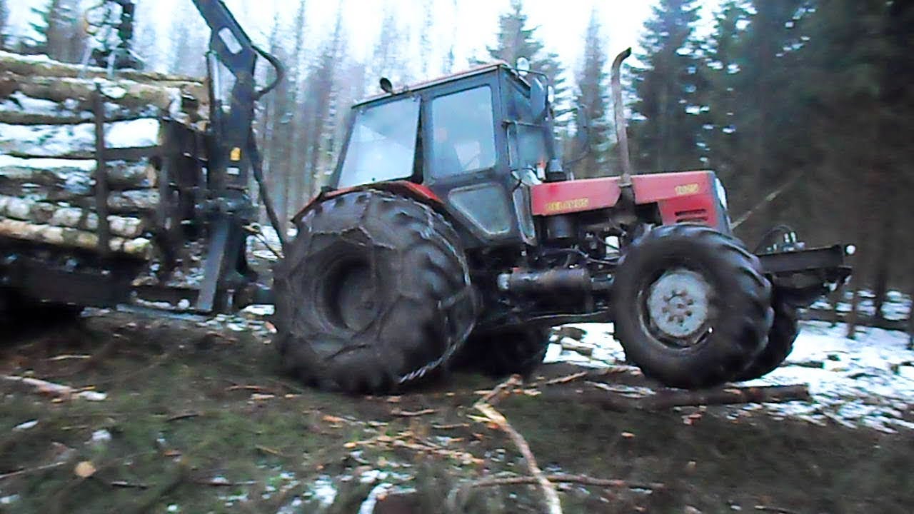 Belarus 1025 forestry tractor with homemade trailer logging in winter ...