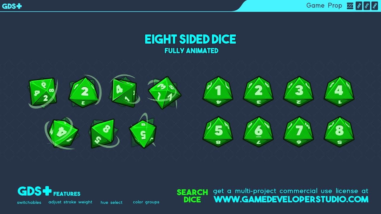 Fully animated eight sided dice d8 game asset preview - YouTube