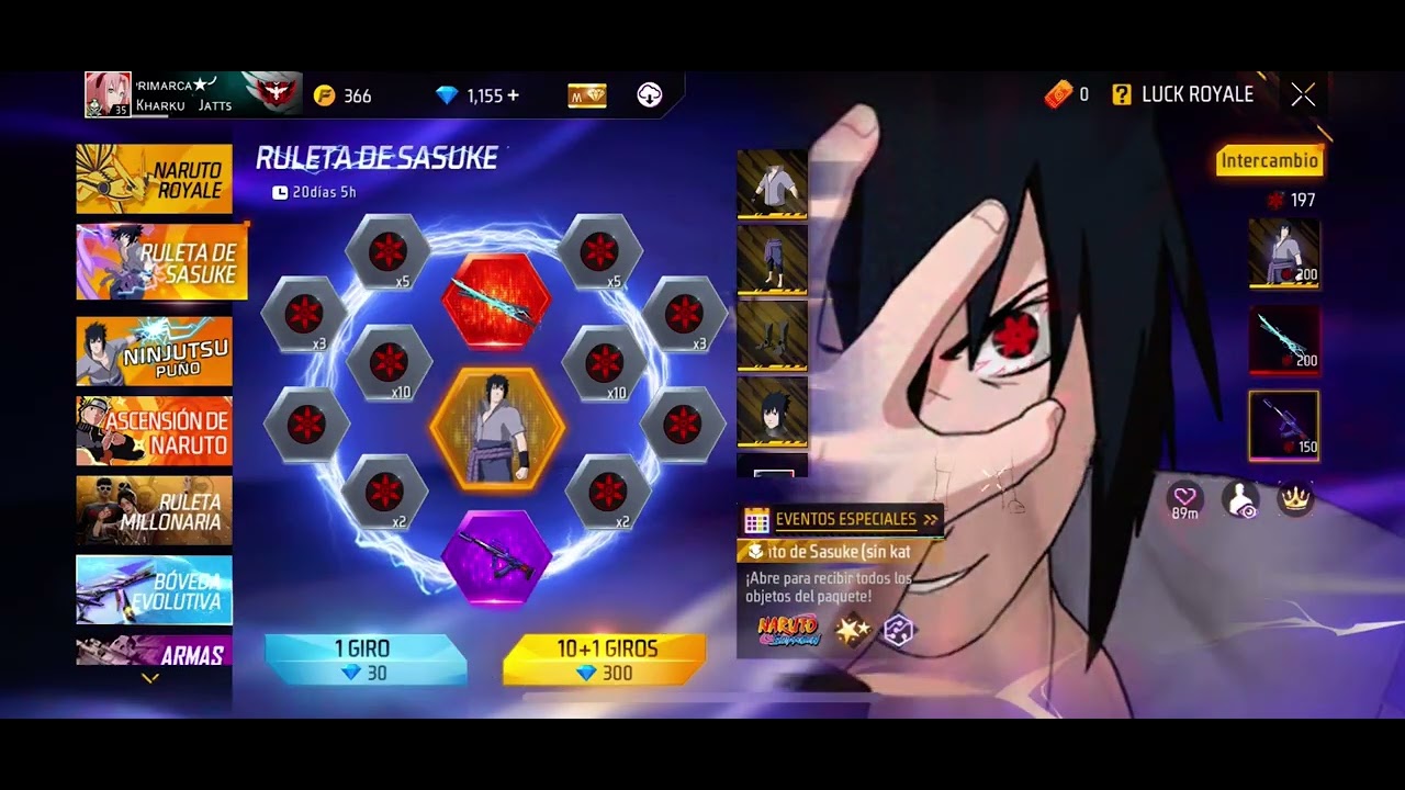 Consiguiendo la skin de Sasuke en free fire - YouTube