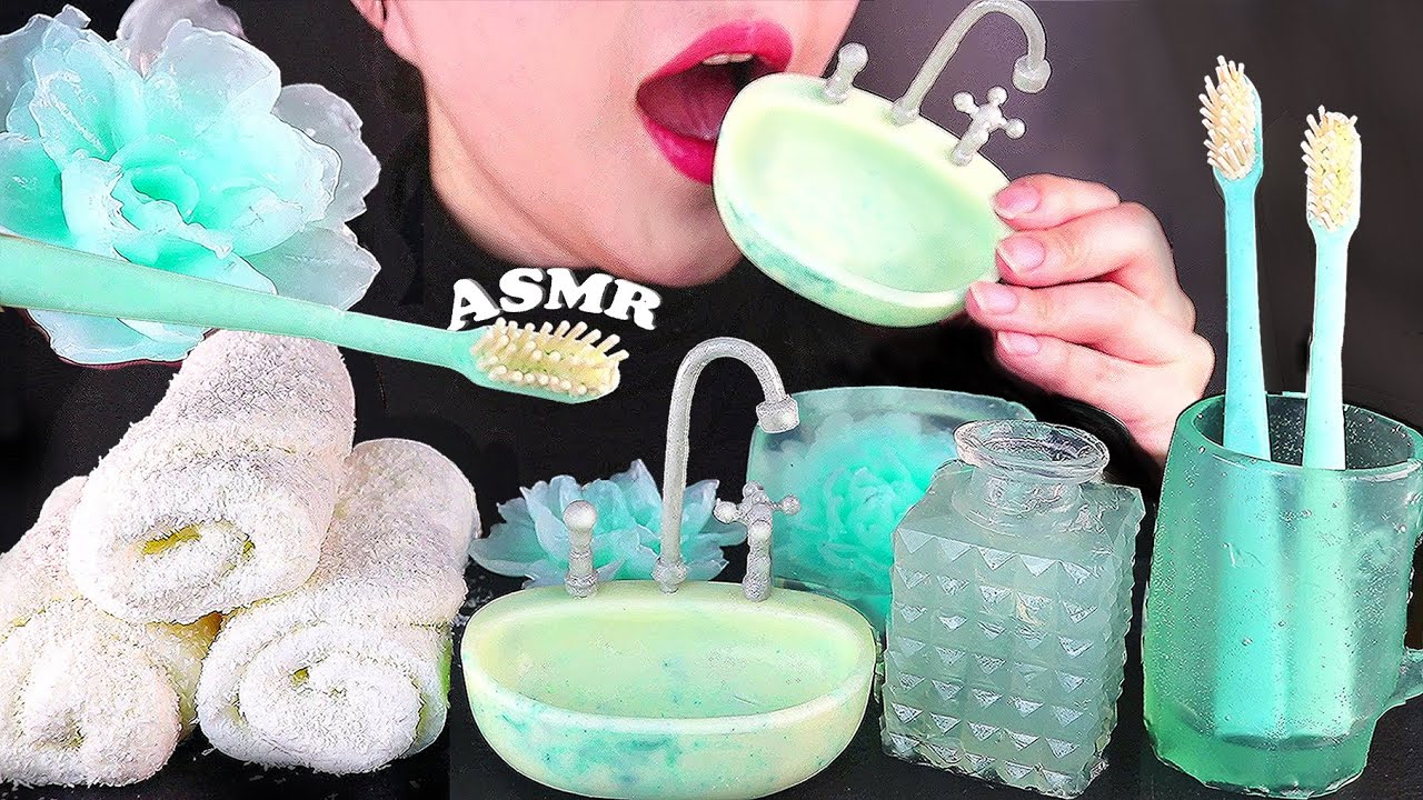 ASMR EDIBLE Washbasin Toothbrush Towel Cup Bottle Soap , eating sounds ...