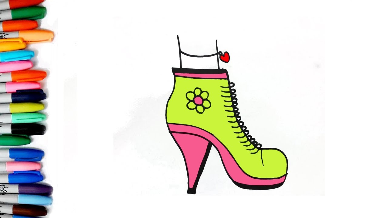 How To Draw And Color Woman Shoe | Easy Drawing And Colouring Shoe Step ...