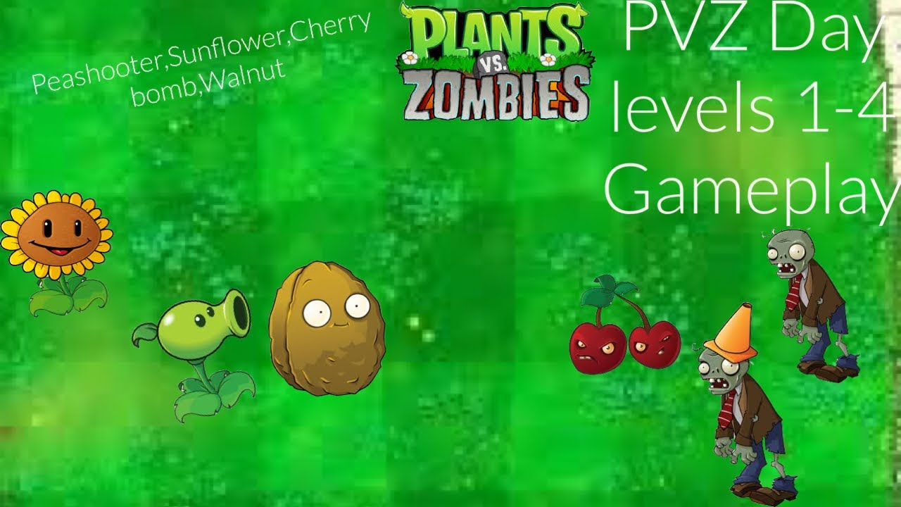 PVZ Day Levels 1-4 | Unlocking Peashooter, Sunflower, Cherrybomb ...