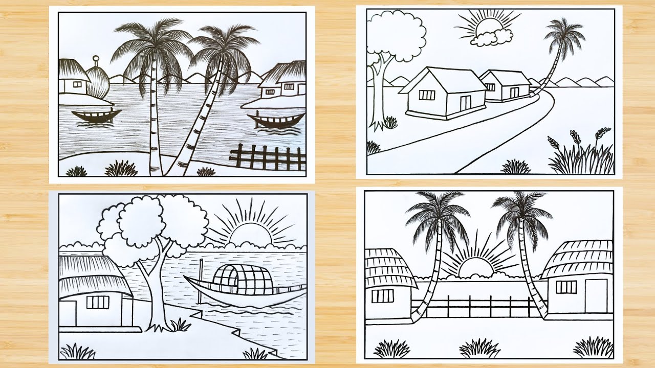4 Easy Prakritik Drishya Drawing | Beautiful Simple Landscape Drawing ...