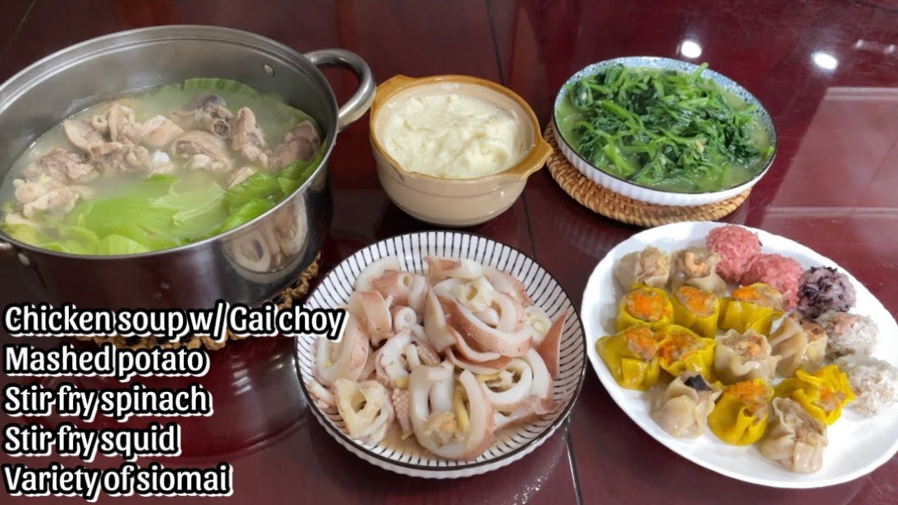 Cooking chicken soup w/ Gai choy, stir fry spinach, mashed potatoes ...
