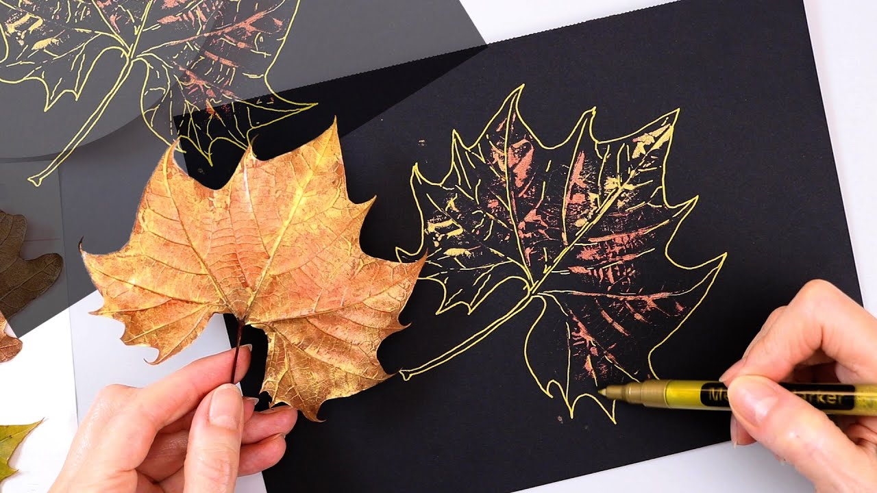 Metallic Leaf Impressions on Black Paper | Painting with real leaves ...