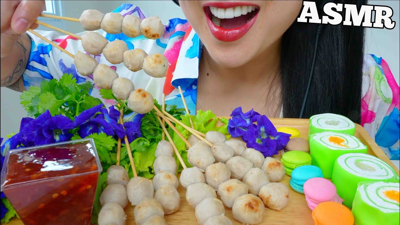 ASMR ลูกชิ้น PORK BALLS + ROLL CREPE CAKE + MINI MACARON (EATING SOUNDS ...