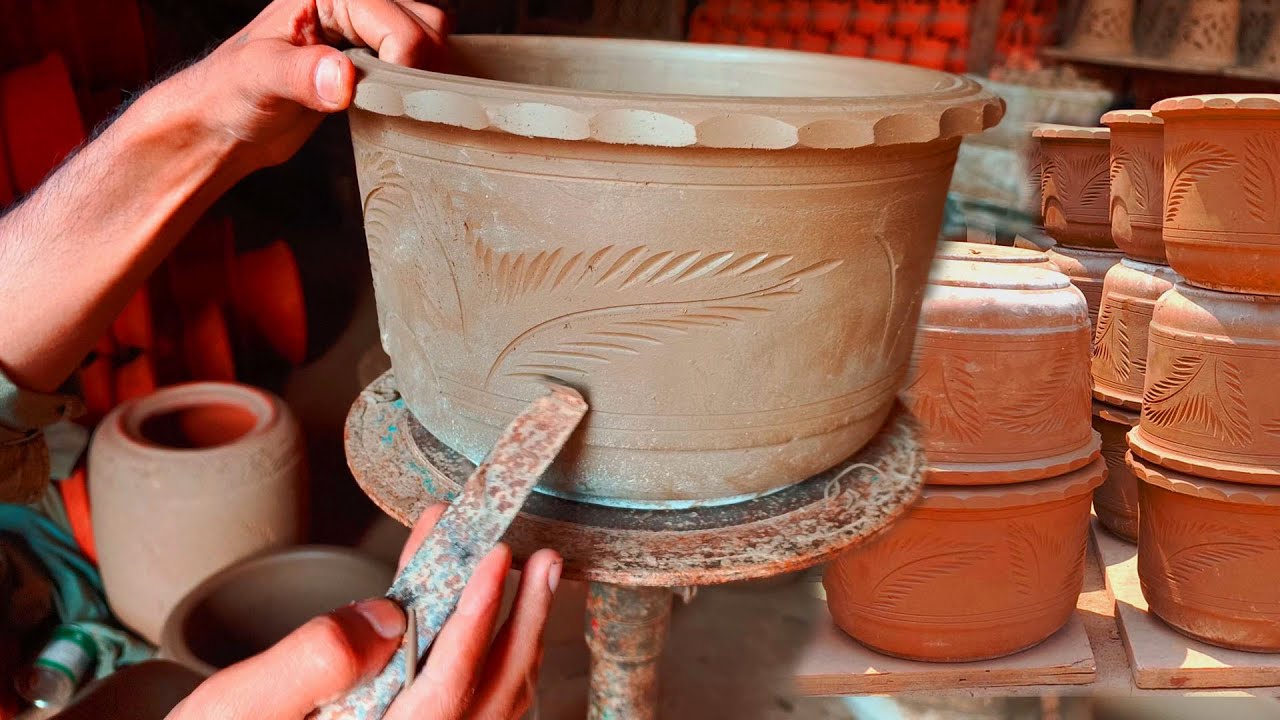 How Hand Carved Clay Flower Pots are Made | Painting Clay Flower Pots ...