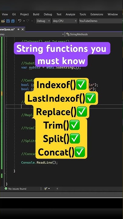 String functions in C#- Indexof, Concat, Replace, Trim, Split #coding #shorts #csharp #strings ...
