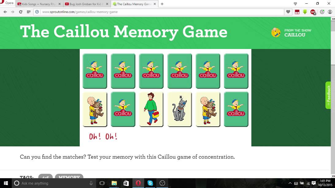 caillou matching game sprout - YouTube