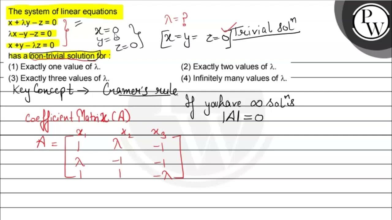 The system of linear equations \[ \begin{array}{l} x+\lambda y-z=0 ... - YouTube