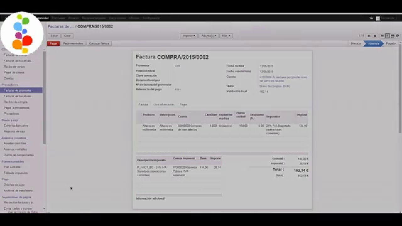 Tutorial: Facturas Rectificativas de Proveedores y su Cancelación con Odoo. Openinnova - YouTube