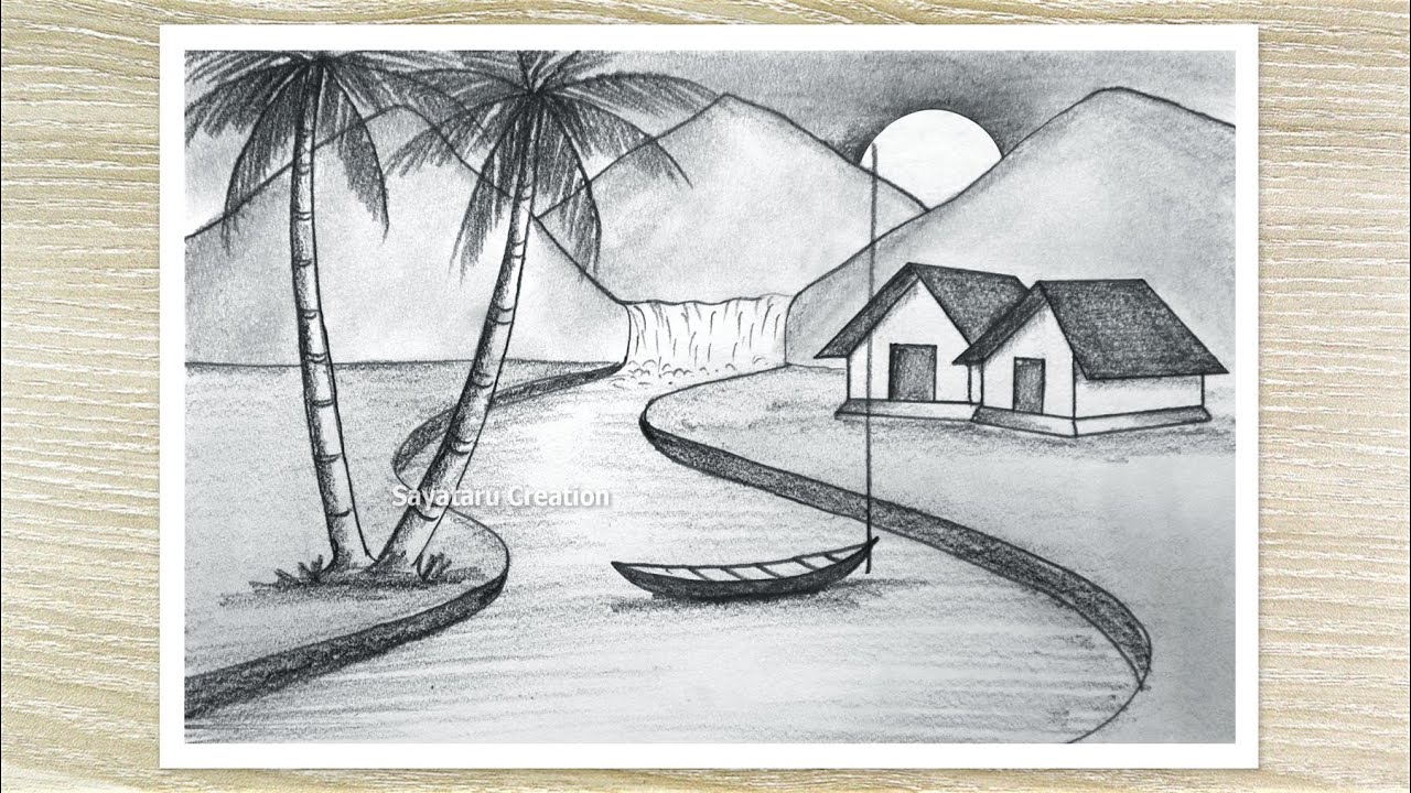 How to draw a sunrise scenery with pencil easy, Pencil Drawing for ...
